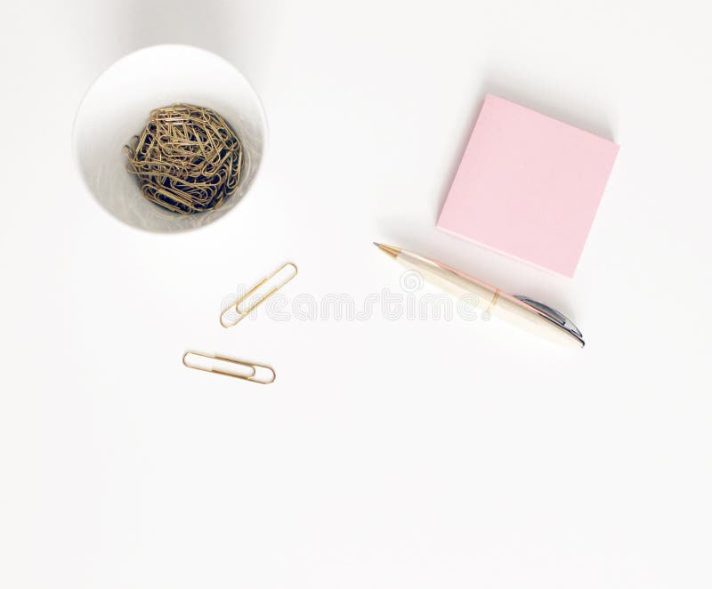 Office Table with Gold Pen and Note Papers Stock Image - Image of desk ...