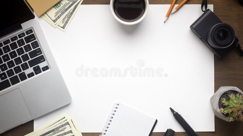 Office Table with Laptop and Blank Sheet of Paper Stock Image - Image ...