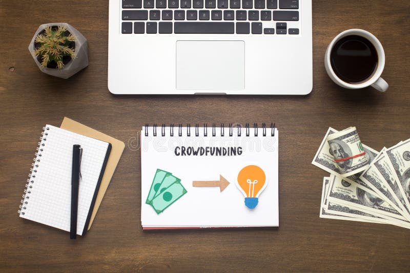 Office Table with Laptop, Money and Notepad with Crowdfunding Stock ...