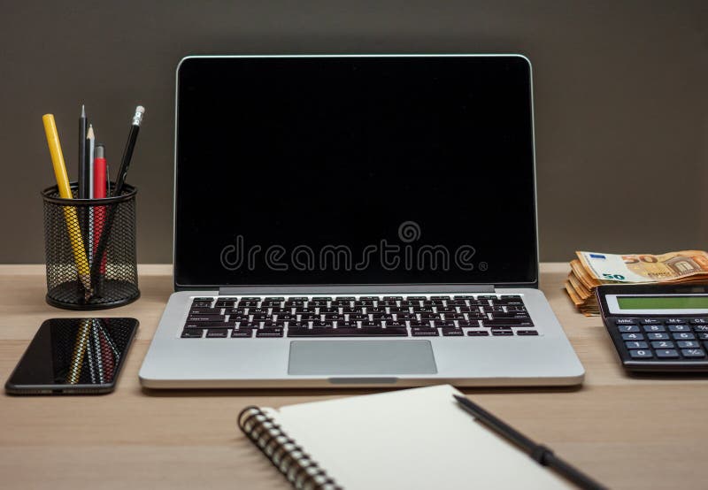 Office Table with Laptop Notebook Phone Cash Stack Stock Image - Image ...