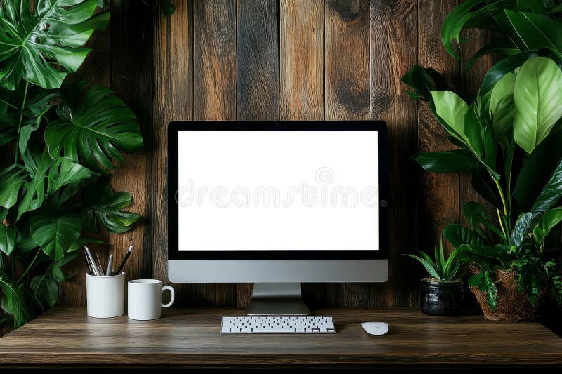 An Office Table Mockup Showing a White Desktop Computer with a White ...