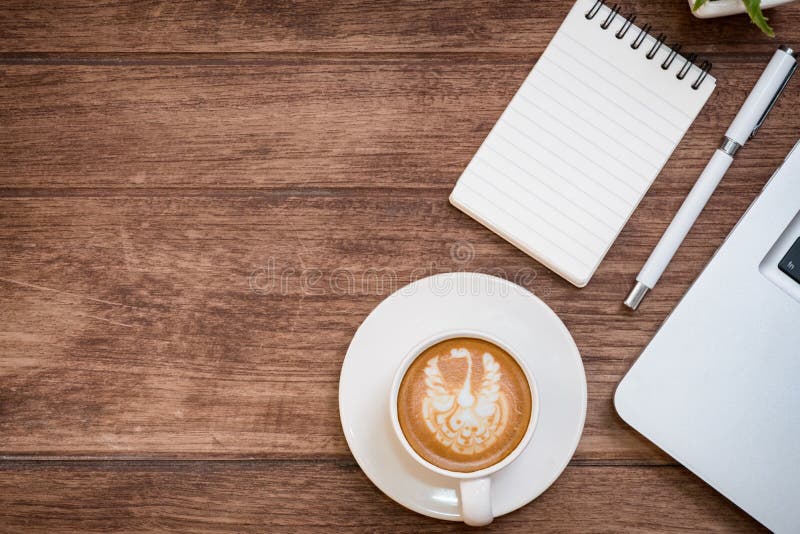 Office Table with Notebook, Computer Keyboard, Mouse, Cup of Coffee ...