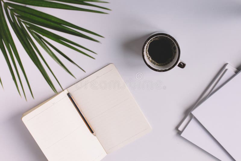 Office Table with Notepad and Coffee Cup. View from Above Stock Image ...