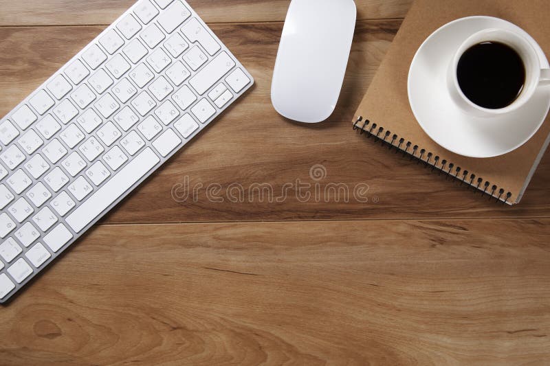 Office Table with Notepad, Computer and Coffee Cup Stock Photo - Image ...
