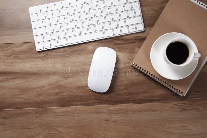 Office Table with Notepad, Computer and Coffee Cup Stock Photo - Image ...