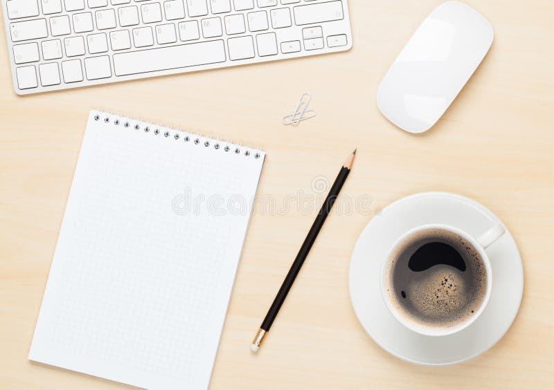 Office Table with Notepad, Computer and Coffee Cup Stock Photo - Image ...