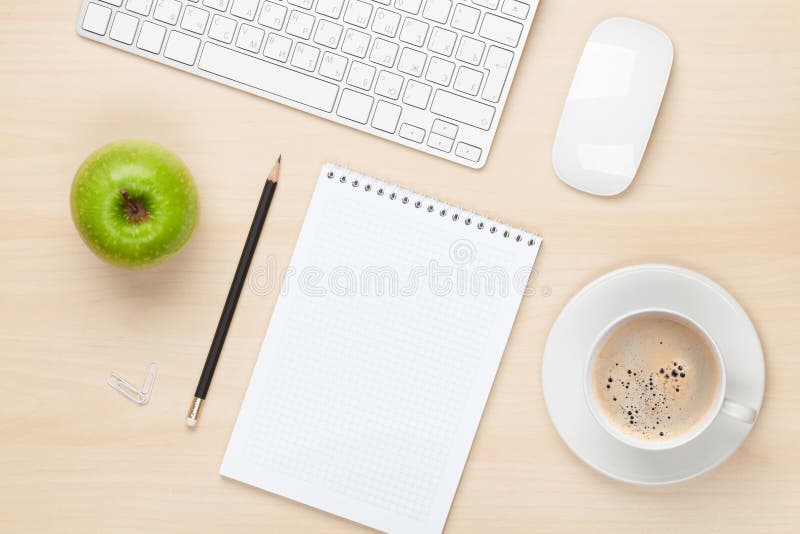 Office Table with Notepad, Computer and Coffee Cup Stock Image - Image ...