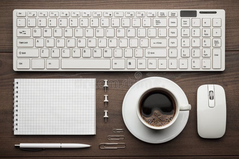 Office Table with Notepad, Computer and Coffee Cup Stock Image - Image ...