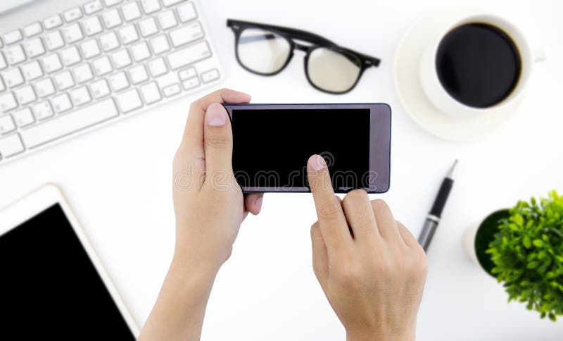 Office Table with Notepad, Computer and Coffee Cup on White Table Stock ...