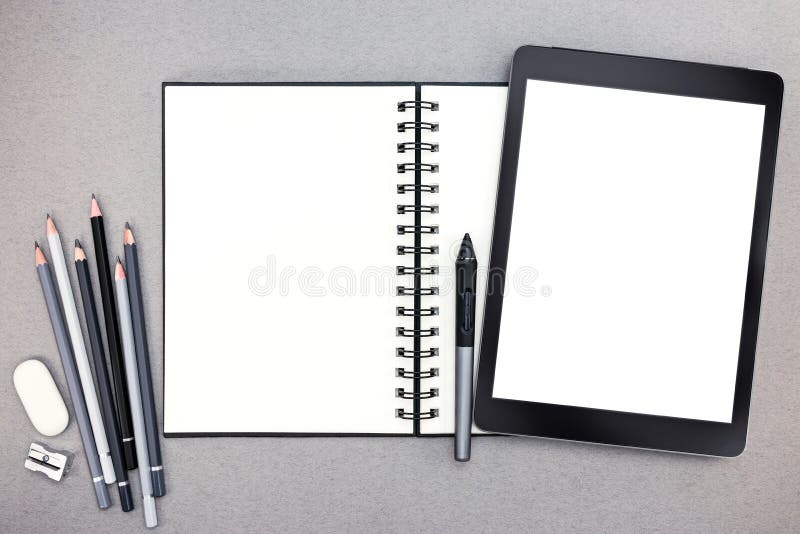 Office Table with Notepad, Pencils and Tablet Computer with Stylus ...