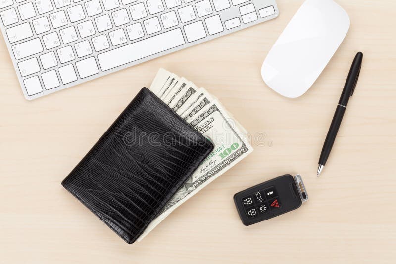 Office Table with Pc, Supplies and Money Cash Stock Photo - Image of ...