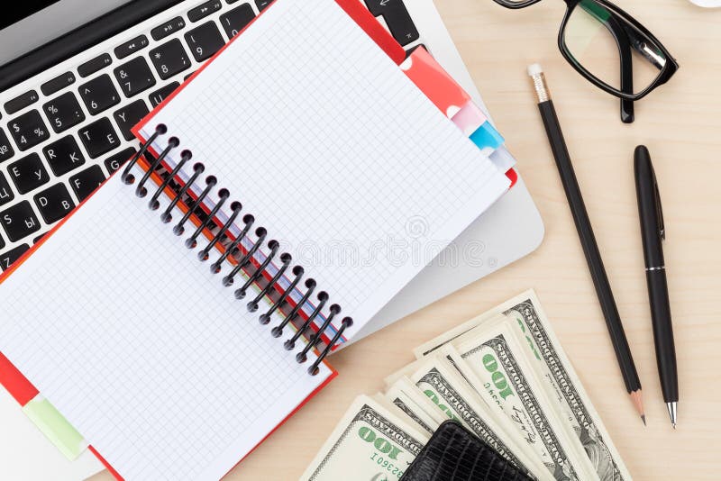 Office Table with Pc, Supplies and Money Cash Stock Image - Image of ...