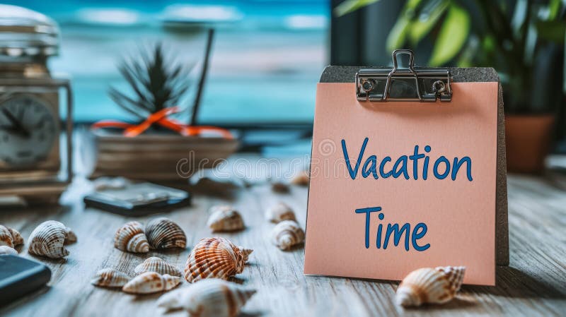 Office Table Sticky Note Reading Vacation Time Small Seashells ...