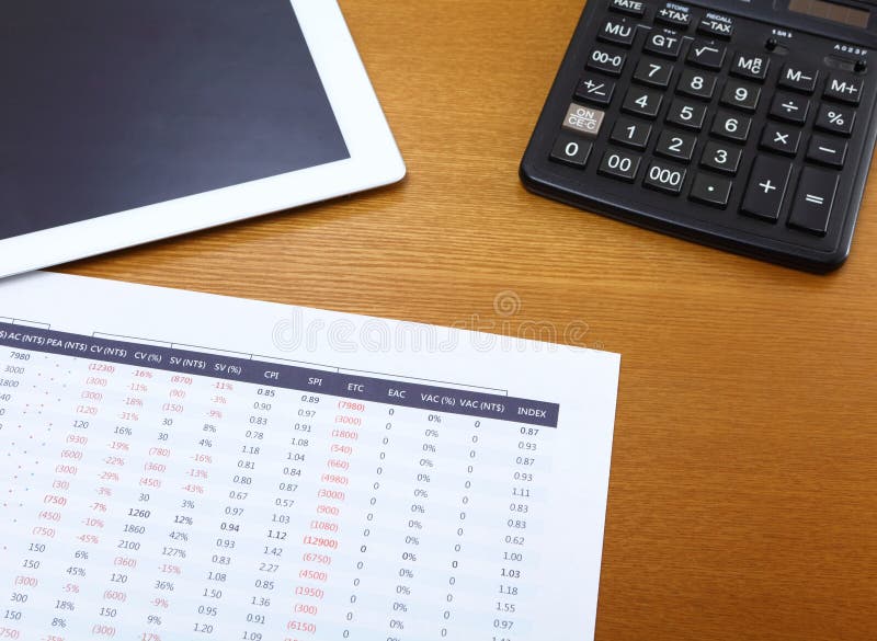 Office Table with Tablet, Calculator and Data Chart Stock Photo - Image ...