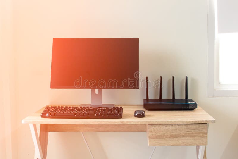 Office Table with Wifi Router and Computer Stock Photo - Image of room ...