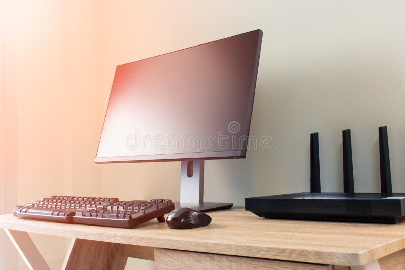 Office Table with Wifi Router and Computer Stock Photo - Image of room ...