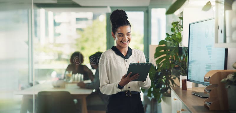 Office, Tablet and Business Woman for Project, Research Analytics or ...