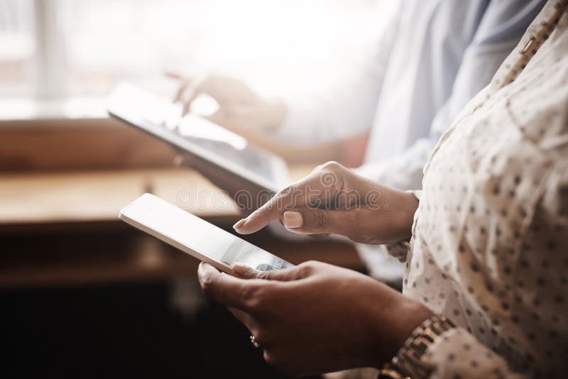 Office, Tablet and Hands of Business People with Mobile for Networking ...