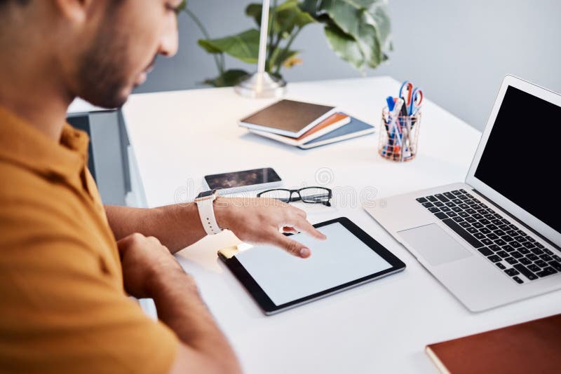 Office Tablet, Mockup and Man Typing Url Search on Advertising Copy ...