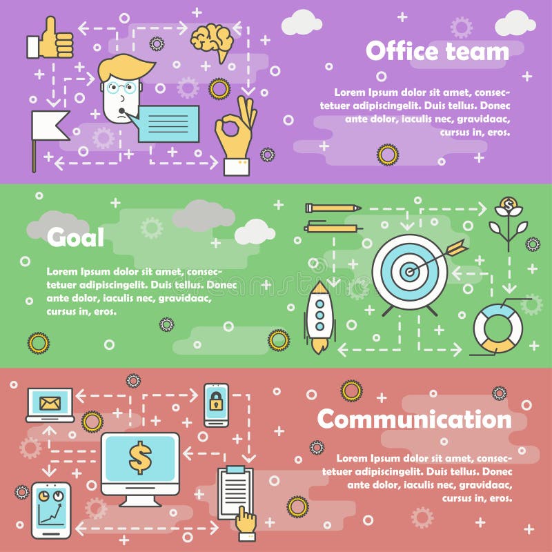 Office Team Concept Vector Flat Line Art Banner Set Stock Vector ...