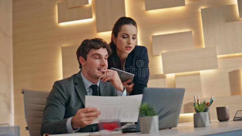 Office Team Reading Contract Working at Computer Closeup. Managers ...