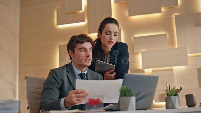 Office Team Reading Contract Working at Computer Closeup. Managers ...