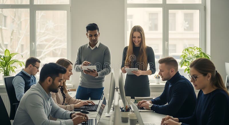 Office Team Working Together on Project Tasks Stock Illustration - Illustration of seated ...