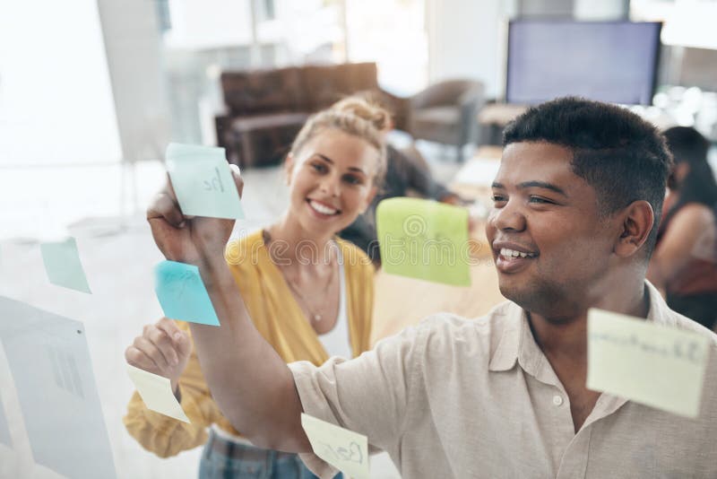 Office, Teamwork and Business People with Sticky Notes for ...