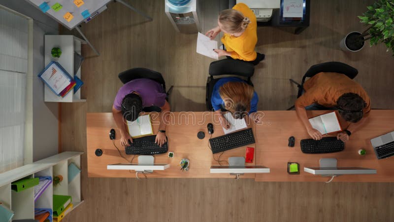 Call Center Department. Top View of the Desk with Computers, Workers ...