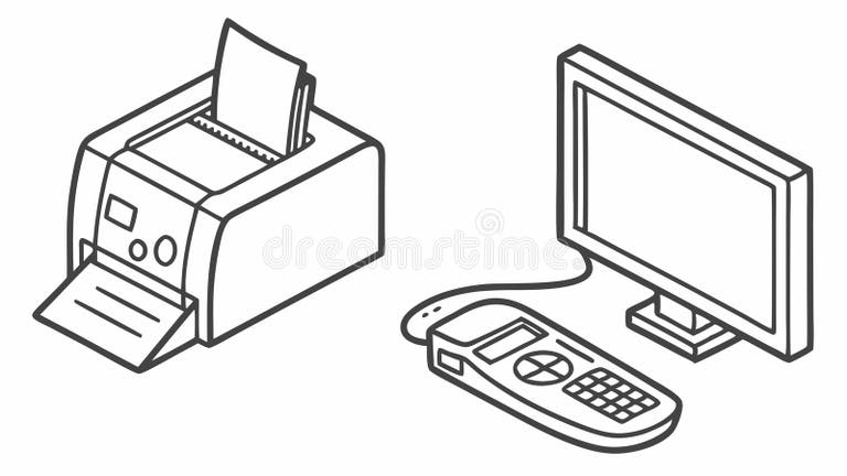 Office Technology Icons with Printer and Desktop Computer. Vector ...