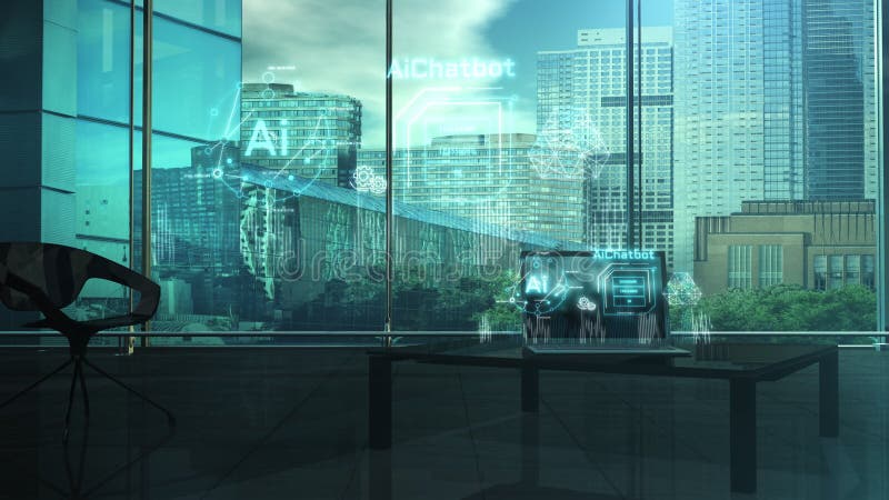 Laptop in the Office with Artificial Intelligence on the Screen. 3D ...