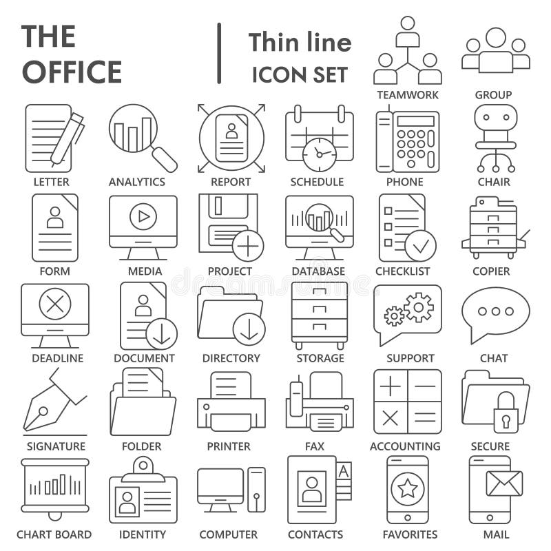 Office Thin Line SIGNED Icon Set, Workspace Symbols Collection, Vector ...