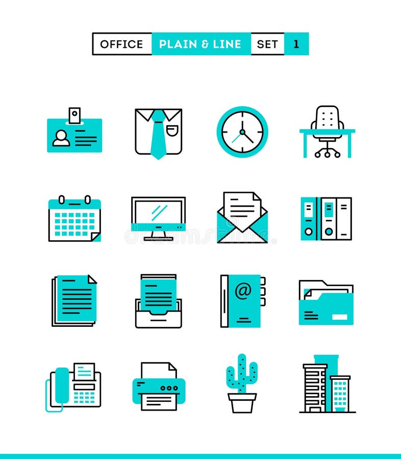 Office Things, Plain and Line Icons Set, Flat Design Stock Vector ...