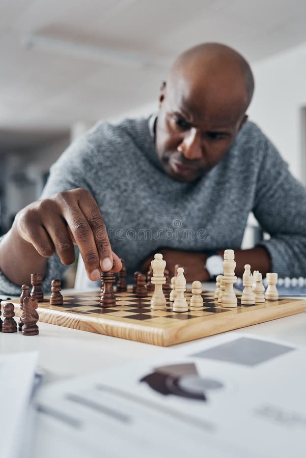 Office, Thinking and Black Man with Chess at Desk for Competition ...