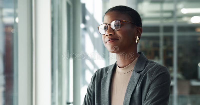 Office, Thinking and Happy Black Woman with Ideas, Choice or Creative ...