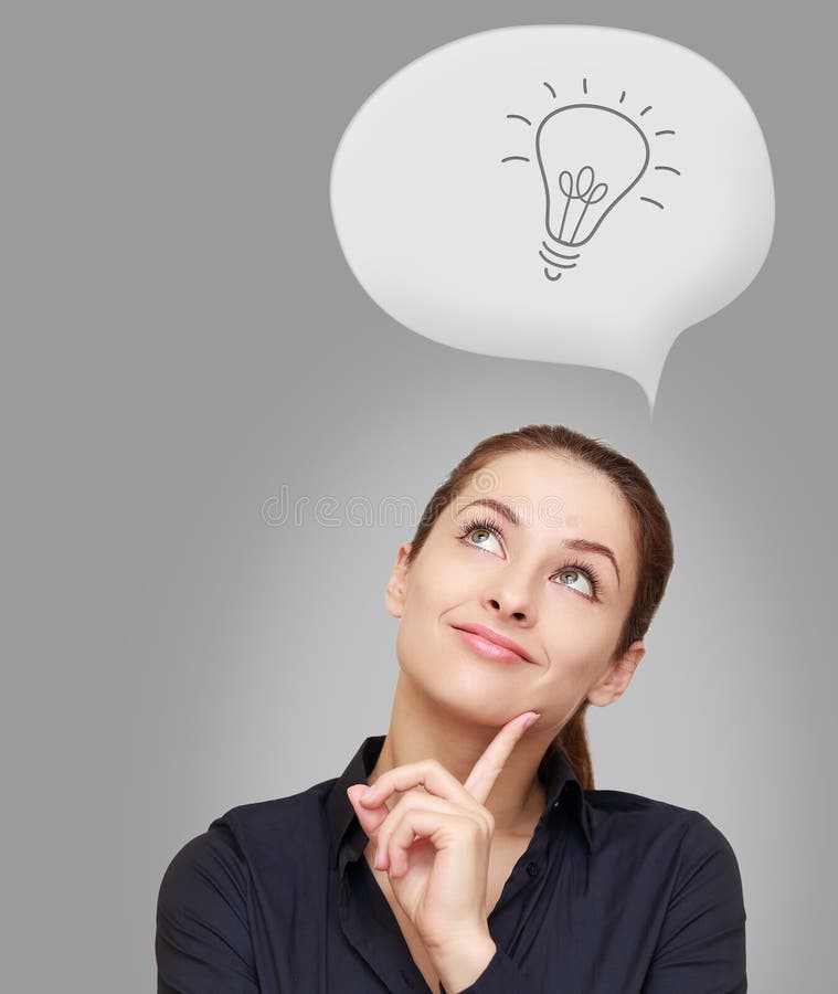 Thinking Woman in Glasses Looking Up with Light Idea Bulb Above Head ...