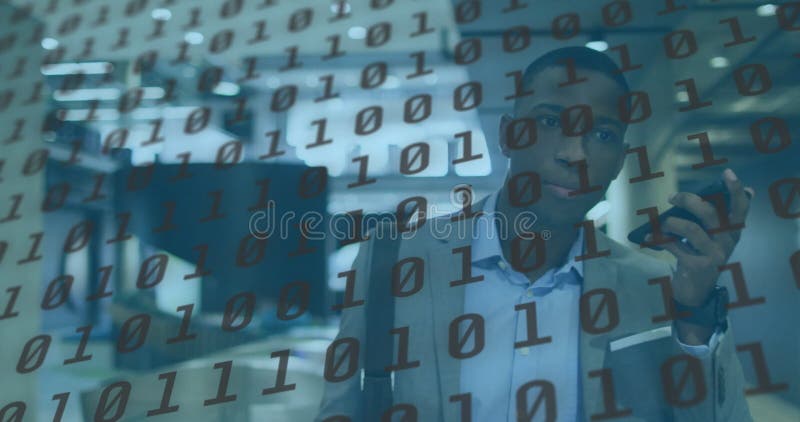 In Office, Thoughtful Man with Binary Code Overlay, Creating Digital ...