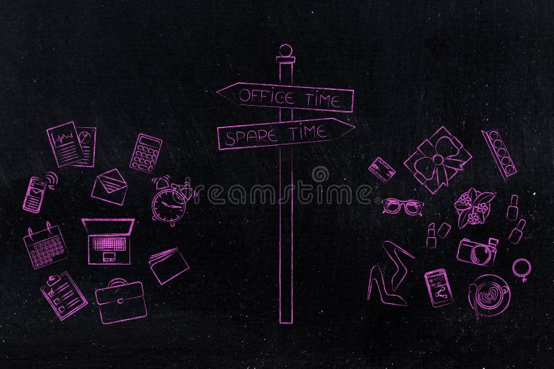 Office Time or Spare Time Road Sign with Work and Personal Objects ...