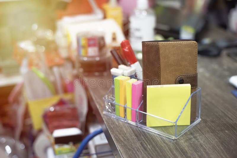 The Office Tool Box on the Desk, Brown. in the Box There is Note Paper ...