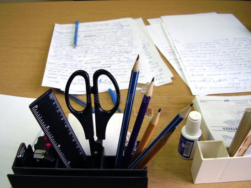 Office tools on desktop stock photo. Image of pencils - 2381962