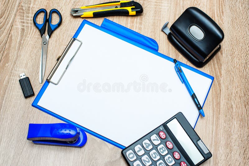 Office Tools and Paper Sheet on Wooden Table Stock Photo - Image of ...
