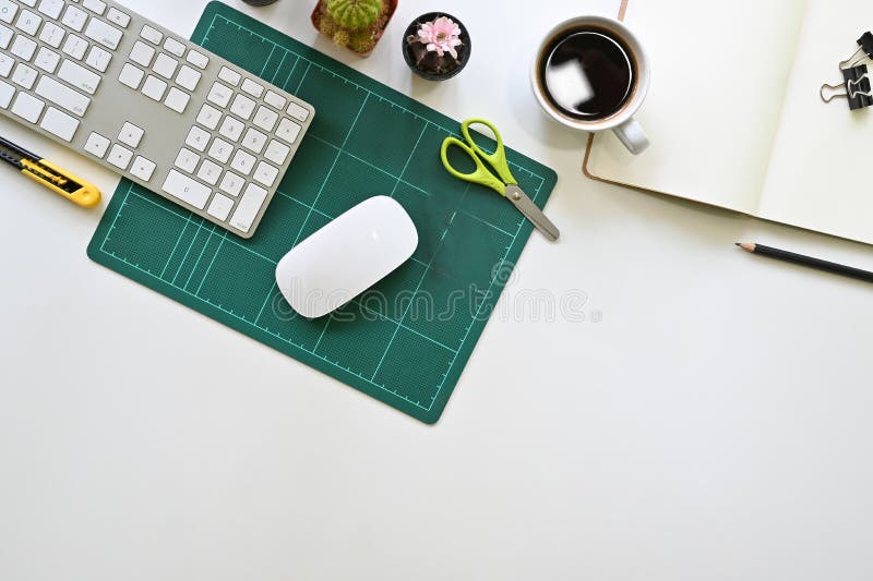 Office Top View Desk Space. Keyboard, Mouse and Office Supply on Table ...