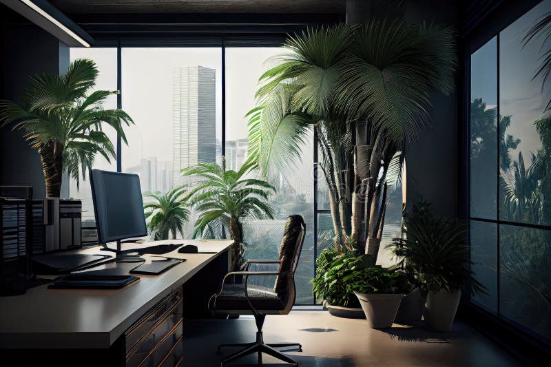 Office with Towering Palm Trees and Exotic Plants in the Background ...