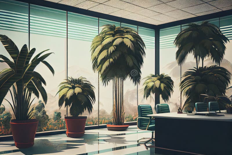Office with Towering Palm Trees and Tropical Plants Stock Illustration ...