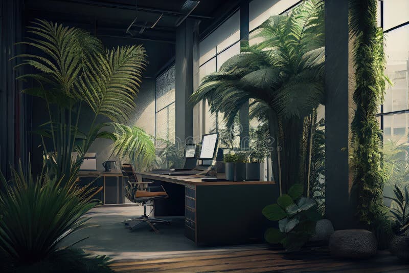 Office with Towering Palms, Ferns and Other Plants in the Background ...