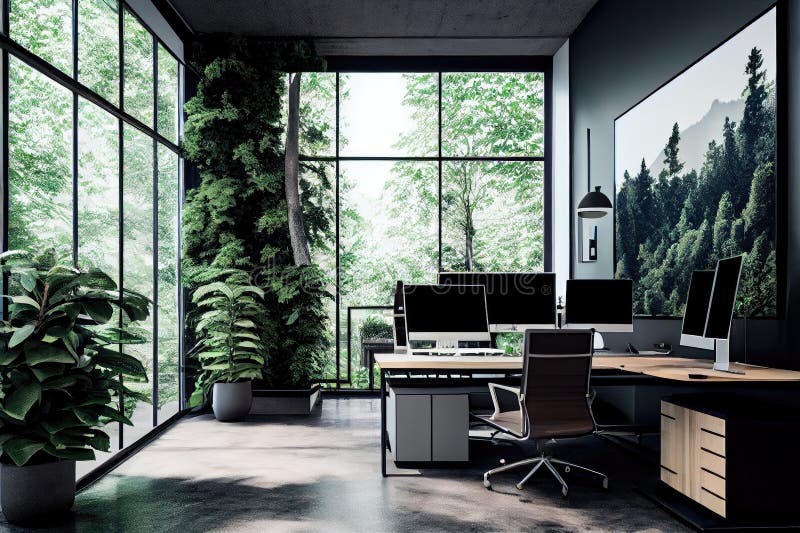 Office with Towering Trees and Lush Green Foliage on the Walls Stock ...