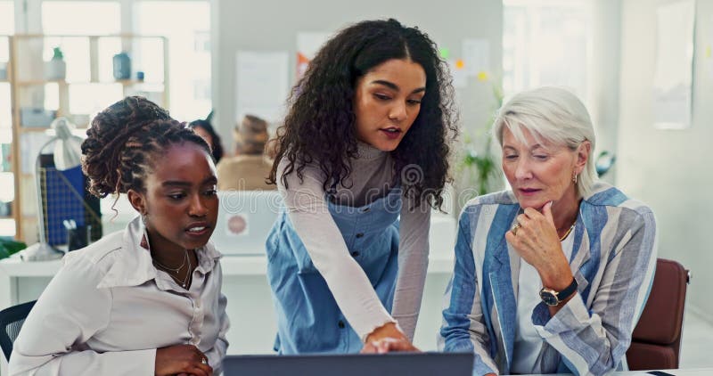 Office, Training and Group of Women on Computer Together for Digital ...