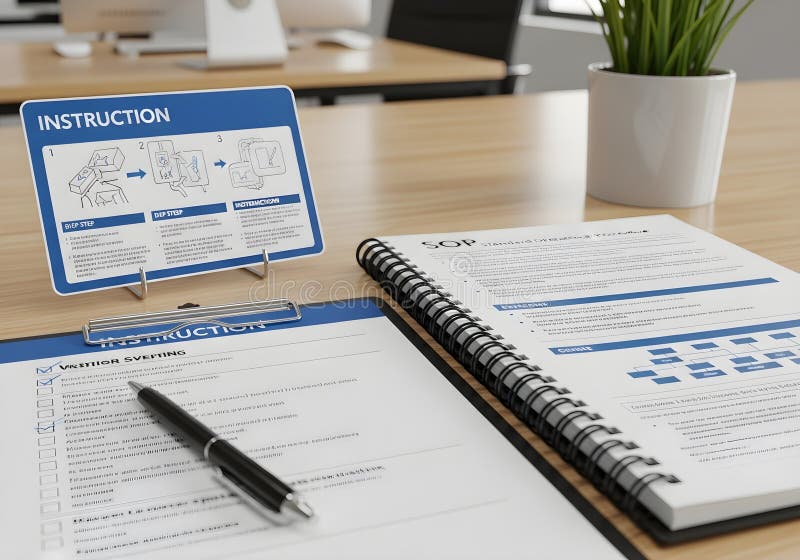 Office Training Setup Showing Laminated Guide, Checklist Clipboard, Pen ...