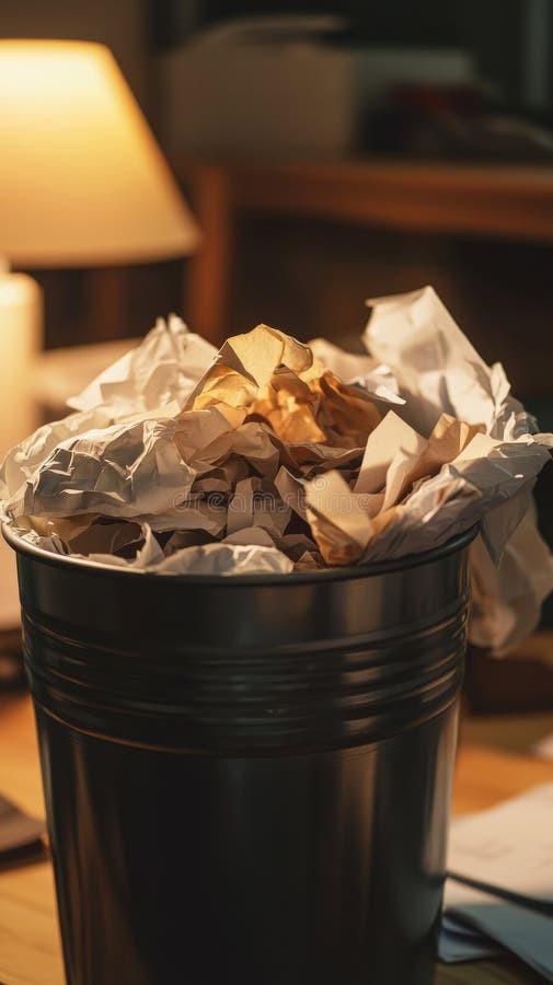 Office Trash Can Filled with Crumpled Papers in Dim Lighting ...