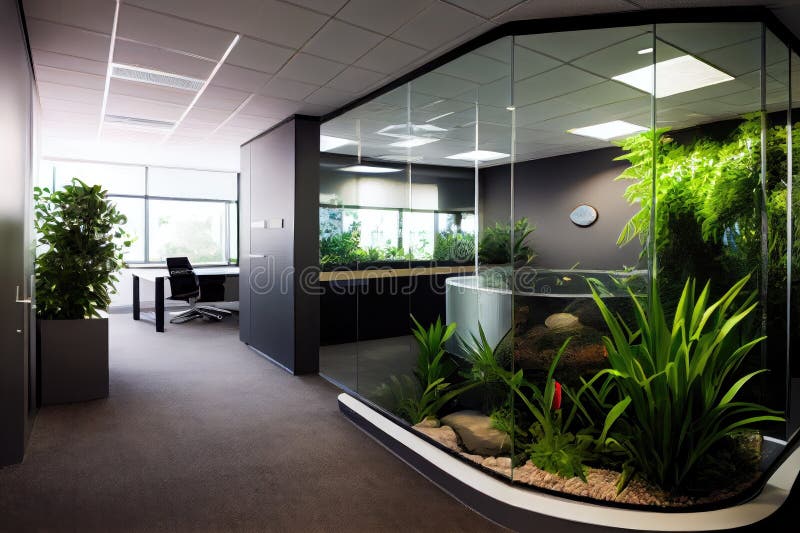 Office with Tropical Plants and Water Features, Creating a Serene ...